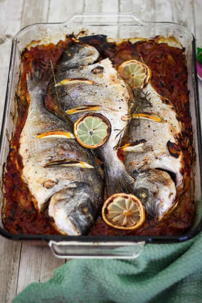 Baked Whole Sea Bream with Onions - Mediterranean Latin Love Affair
