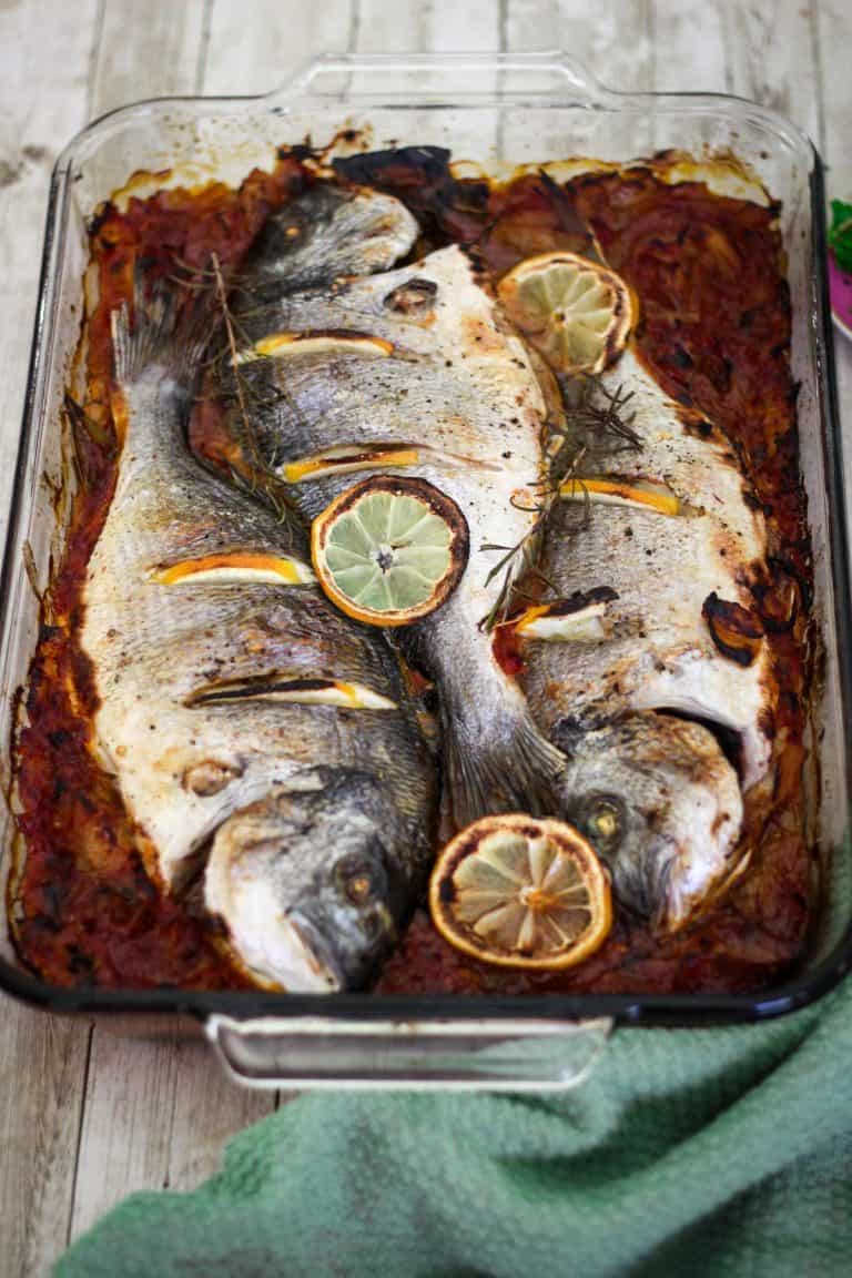 Baked Whole Sea Bream with Onions - Mediterranean Latin Love Affair