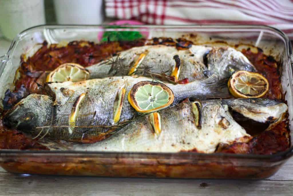 Baked Whole Sea Bream with Onions - Mediterranean Latin Love Affair